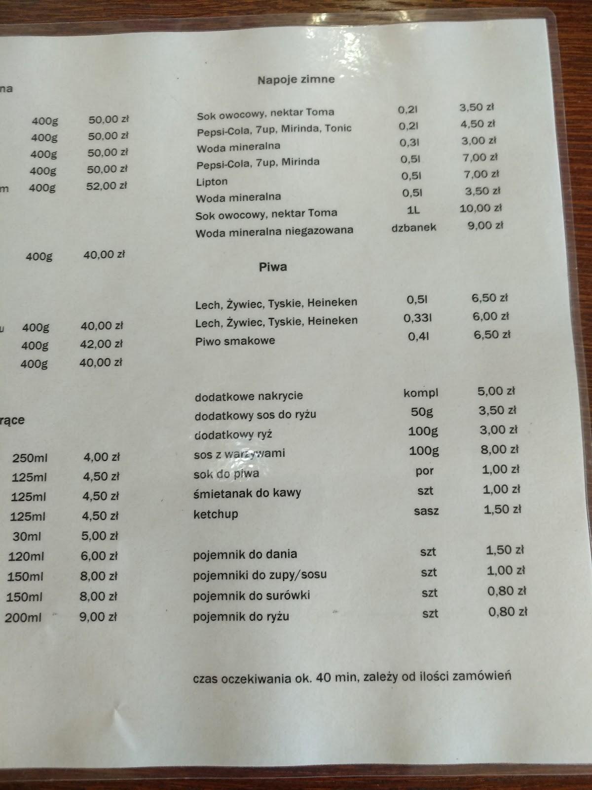 Menu at Restauracja Orientalna Jaśmin restaurant, Trzeciewiec