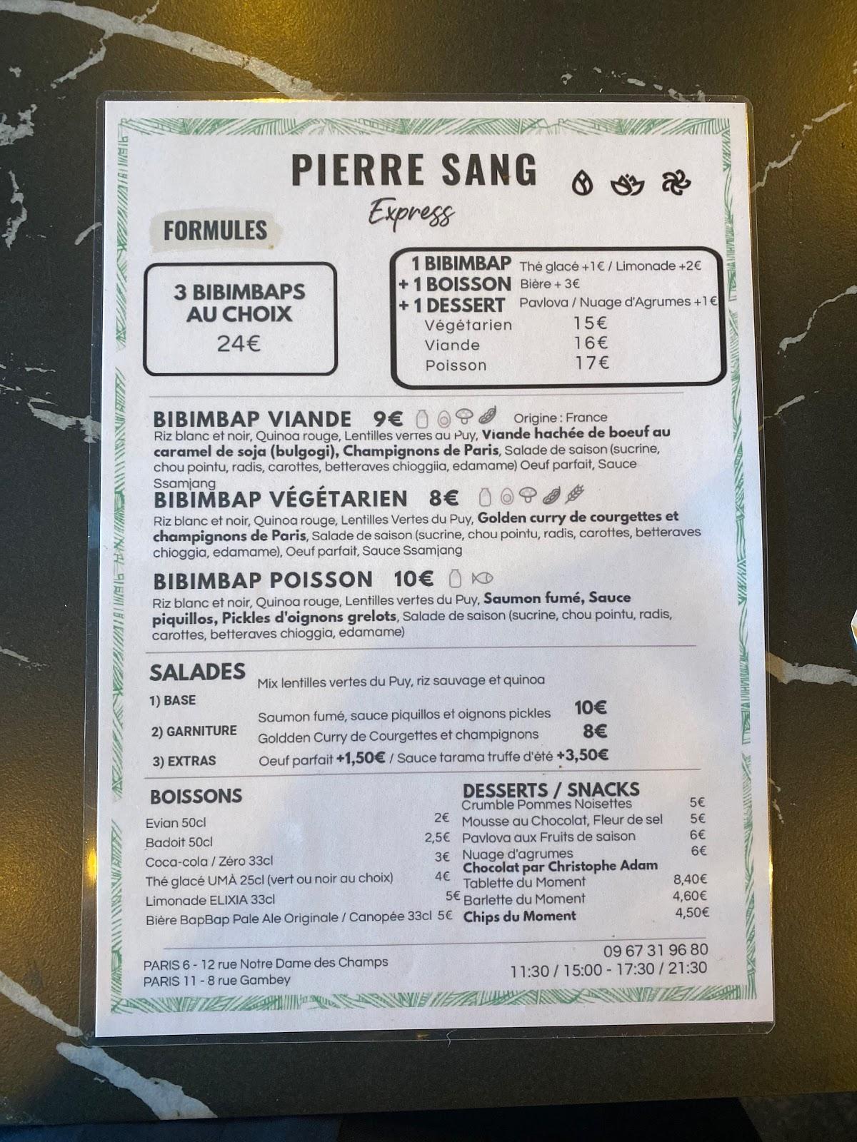 Menu at Restaurant Pierre Sang Notre-Dame des Champs, Paris