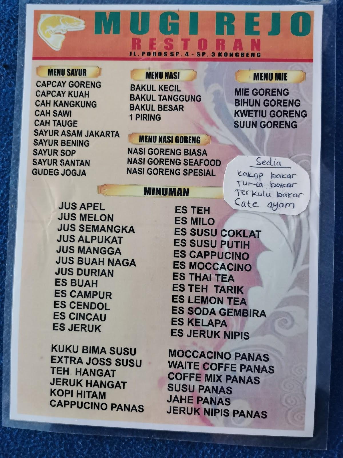 Menu at Restoran Mugi Rejo restaurant, Indonesia