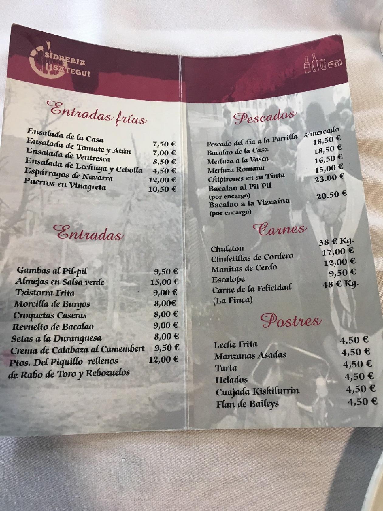Menu at Sidrería Usategui restaurant, Marbella