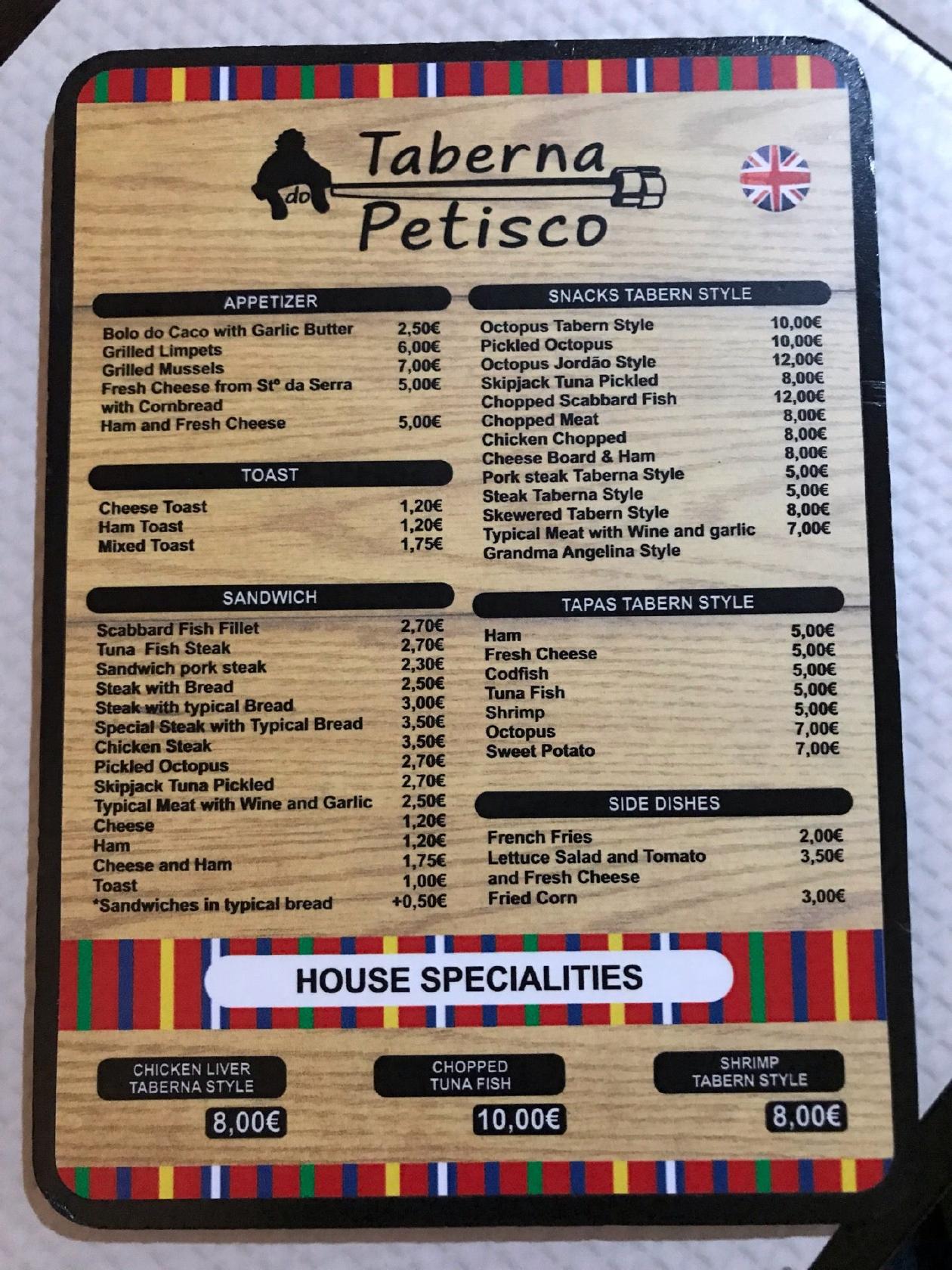Menu at Taberna do Petisco pub & bar, Santa Cruz