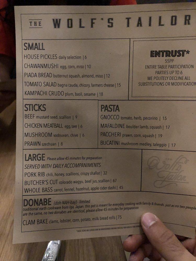 Menu at The Wolf's Tailor restaurant, Denver