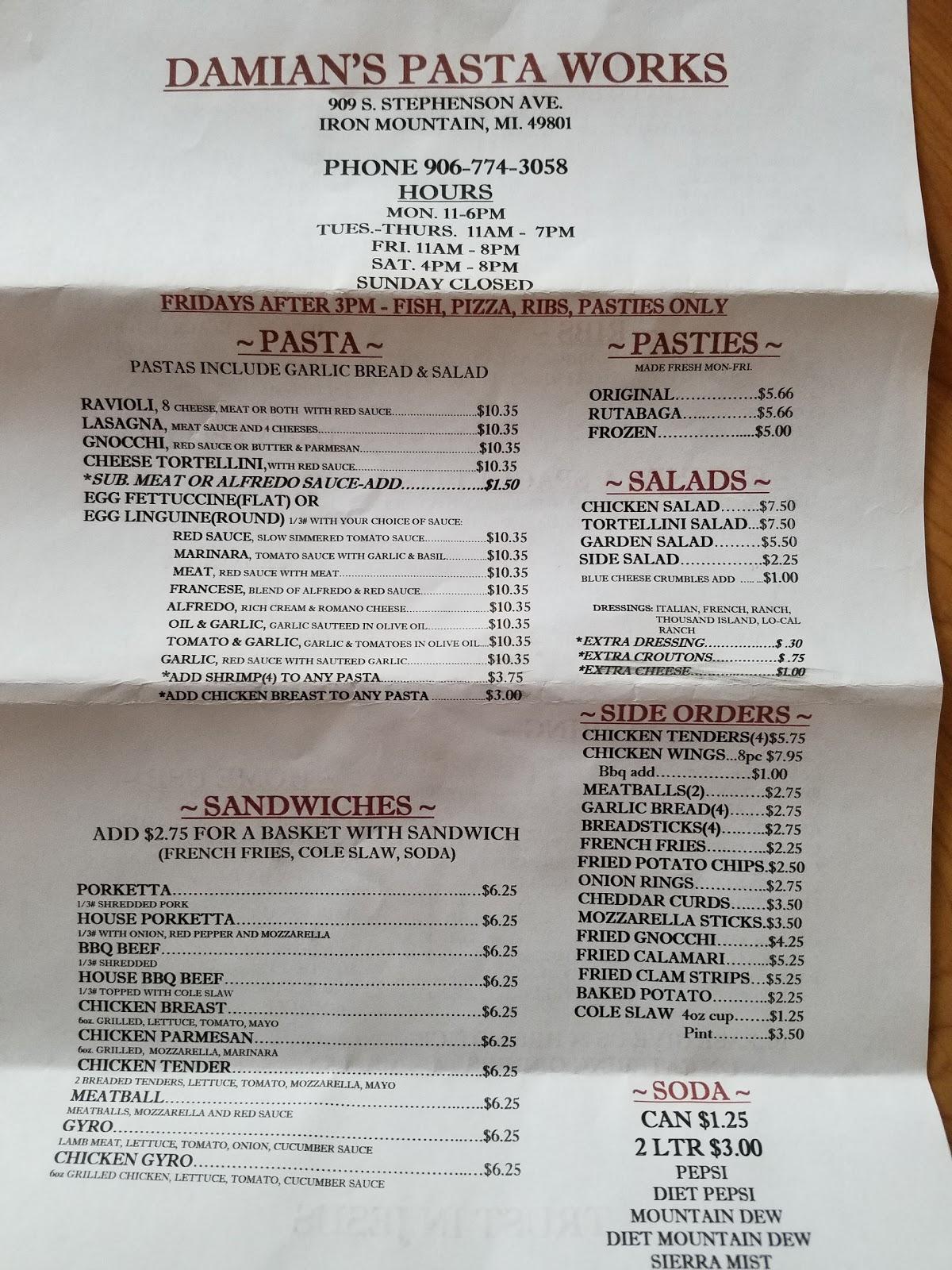 Menu at Damian's Pasta Works pizzeria, Iron Mountain