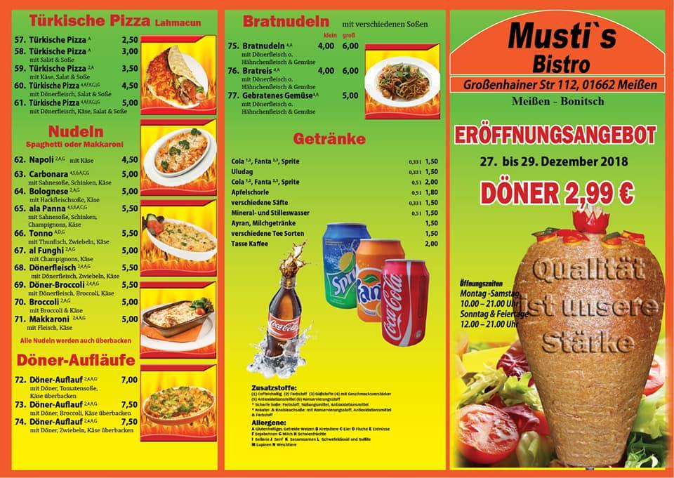 Menu at Musti’s Bistro restaurant, Meissen