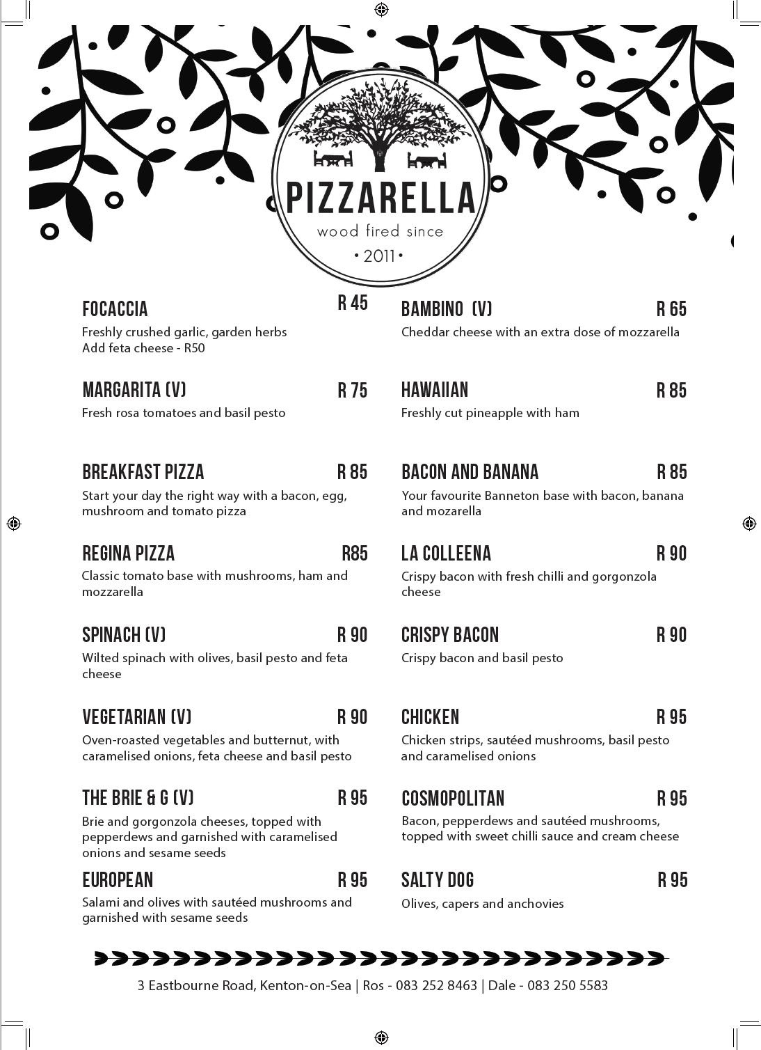Menu at Pizzarella restaurant, Kenton-on-Sea
