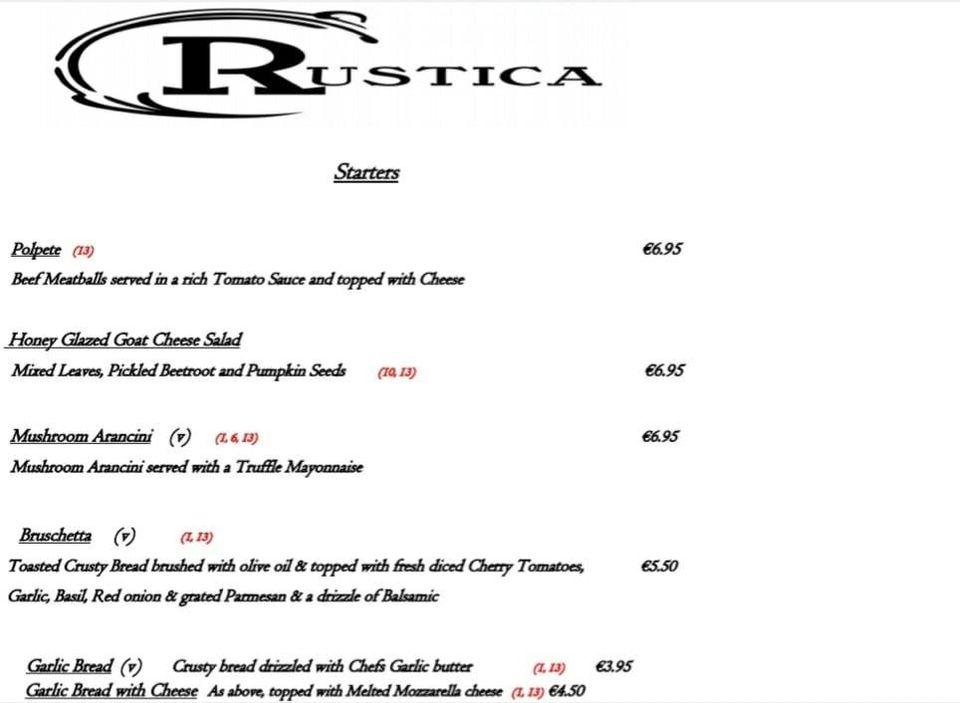 Menu at Rustica restaurant, Los Dolses