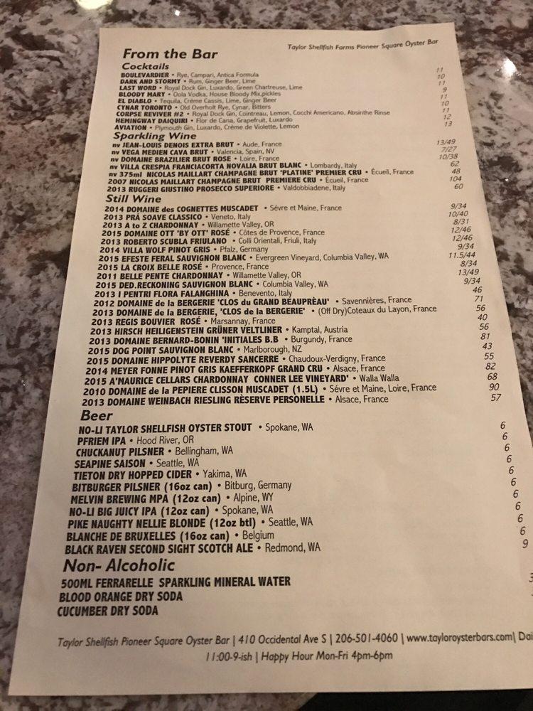 Menu at Taylor Shellfish Oyster Bar, Seattle, 410 Occidental Ave S