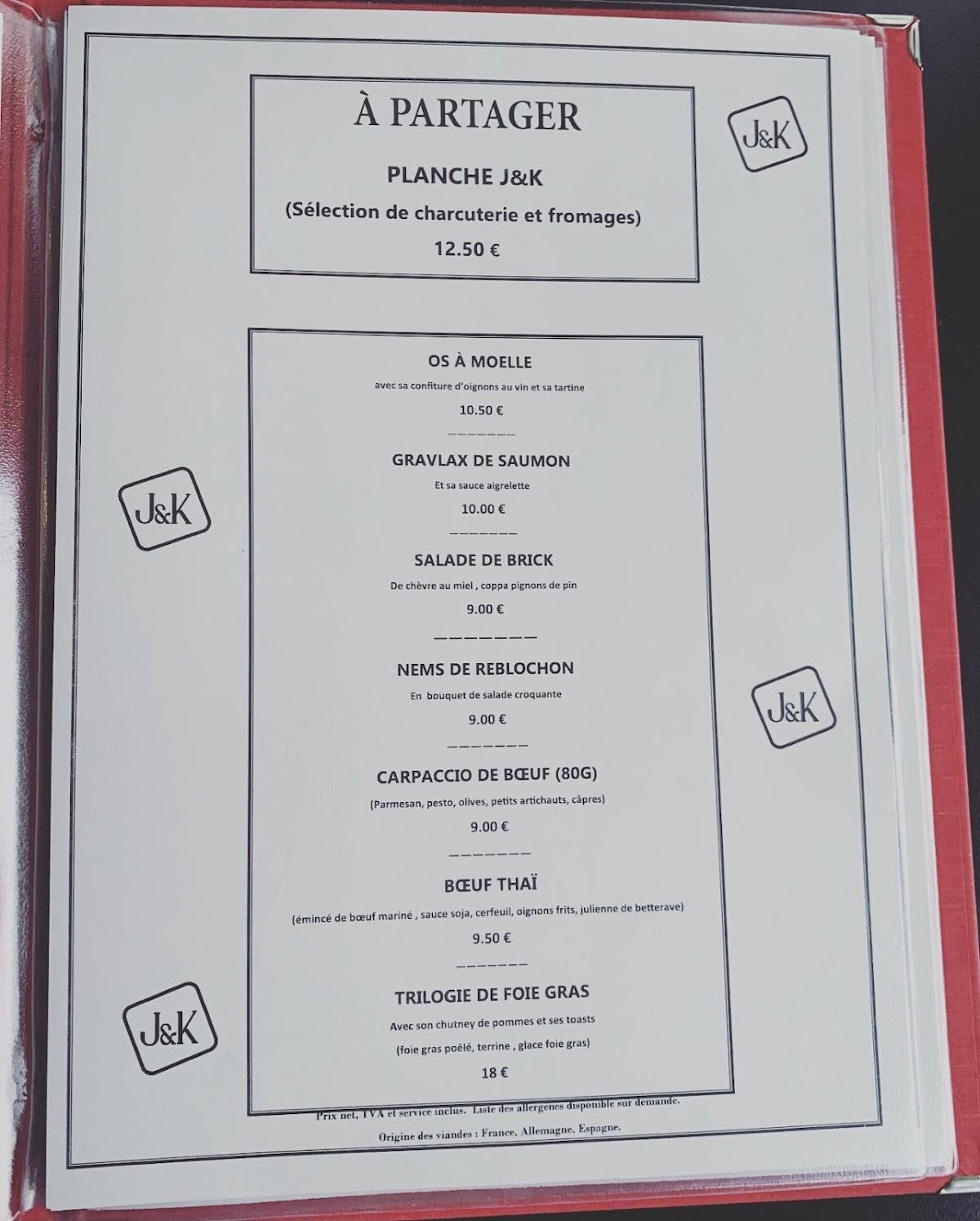 Menu at Brasserie J&K pub & bar, Poisy