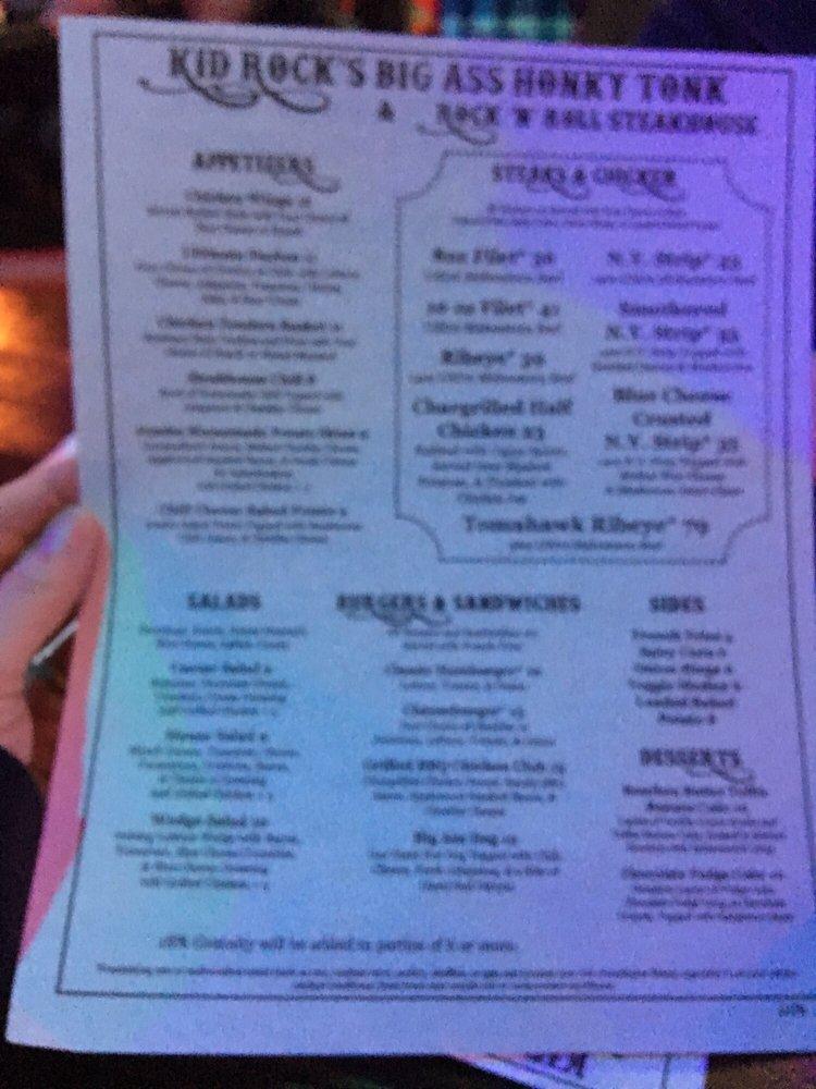 Menu at Kid Rock's Big Ass Honky Tonk Rock N' Roll Steakhouse, Nashville