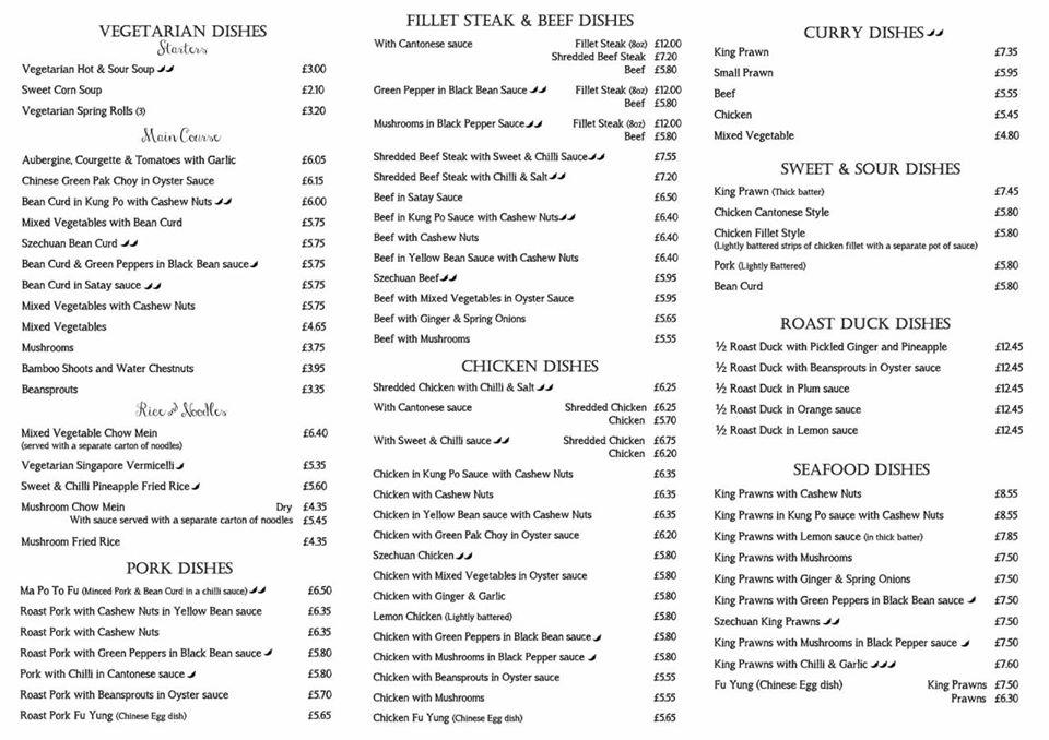 Menu at Kwei Lin restaurant, Buxton, 1-2 Lower Hardwick St