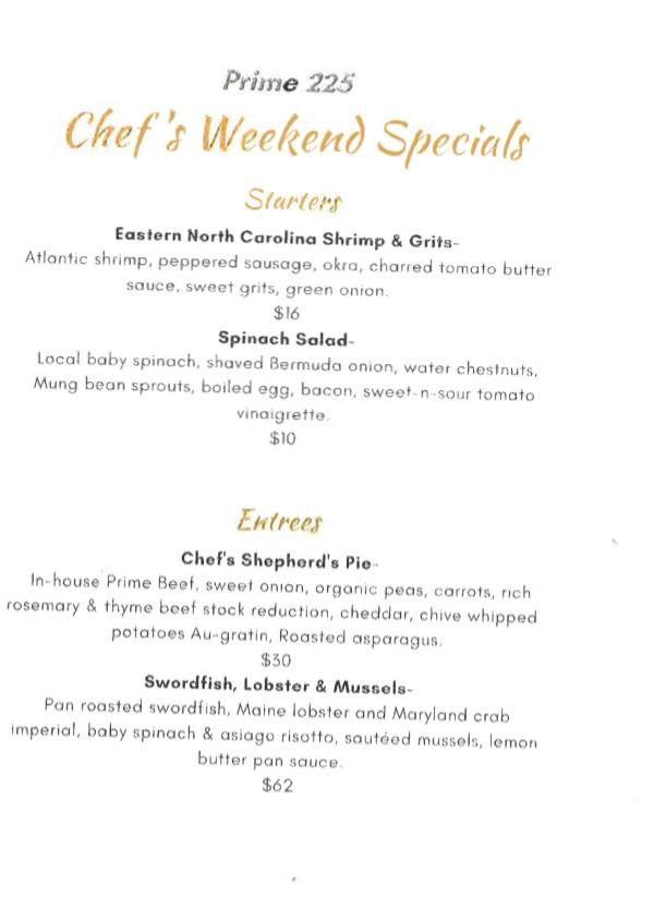 Menu at Prime 225 pub & bar, Chesapeake City