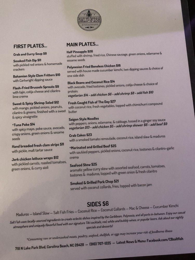 Menu at Salt Fish Restaurant and Tiki Bar, Carolina Beach