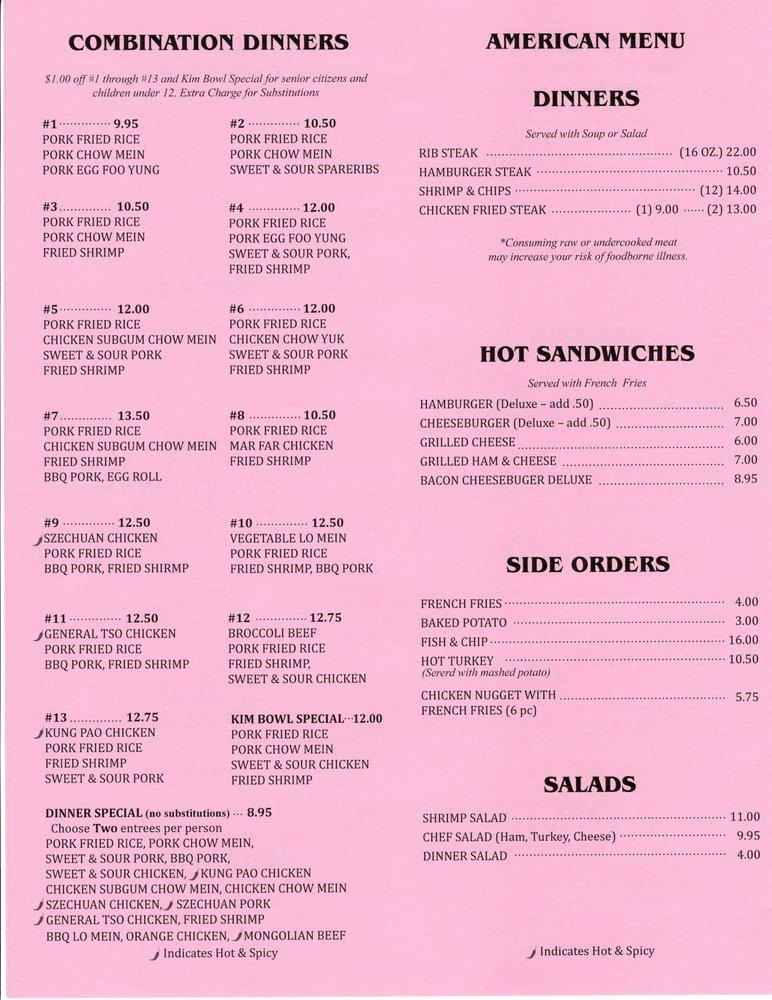 Menu at Kim Bowl Restaurant & Lounge, Longview