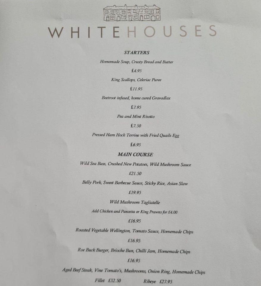 Menu at Whitehouses restaurant, Retford