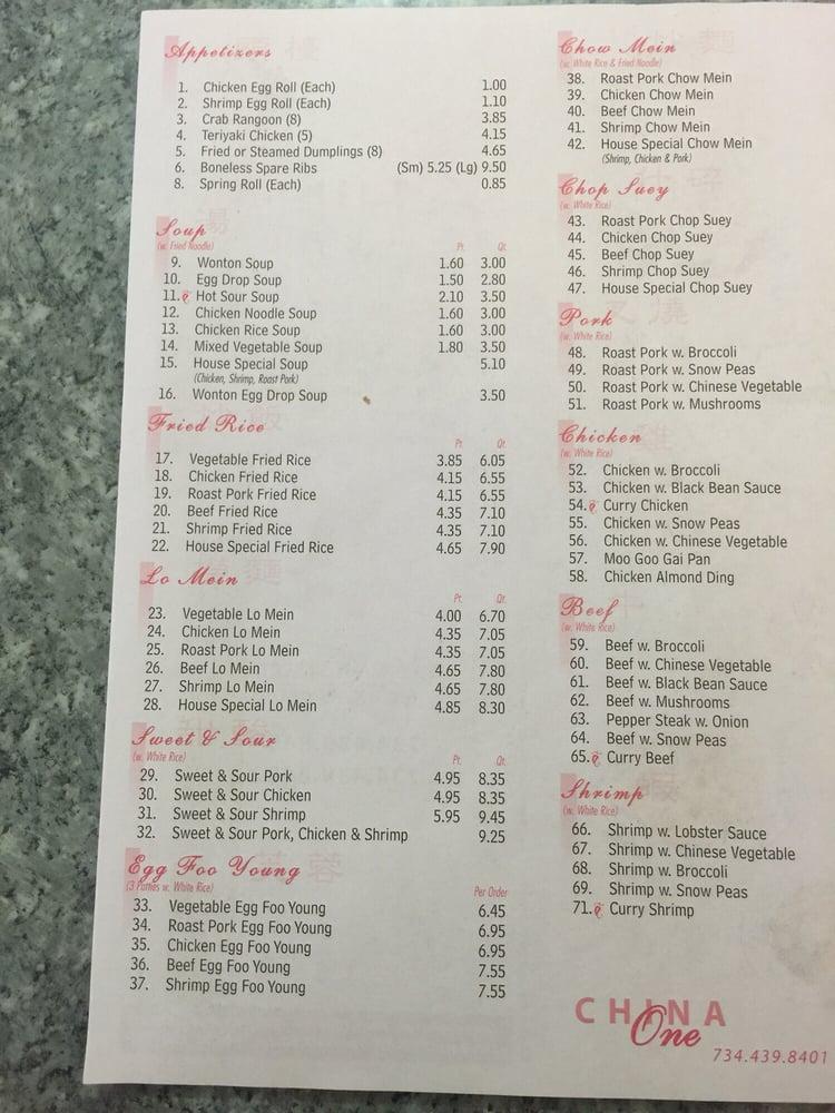 Menu at China One restaurant, Milan