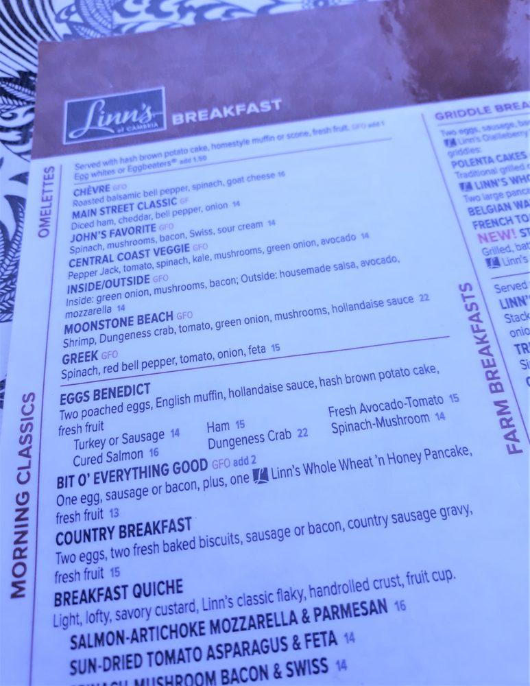 Menu at Linn's Restaurant, Cambria