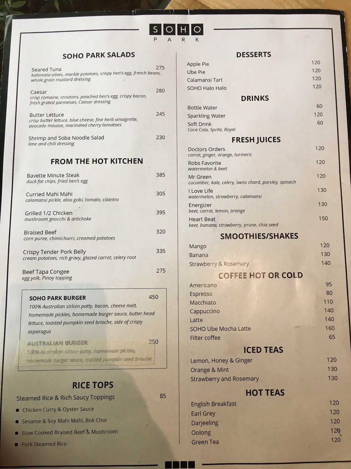 Menu at Soho Park Cafe & Restaurant, Cebu City