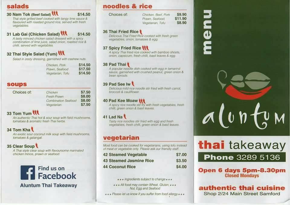 Menu at Aluntum Thai Take Away fast food, Samford Village