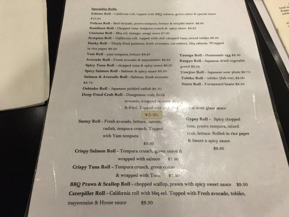 Menu at Isami Sushi restaurant, Burnaby