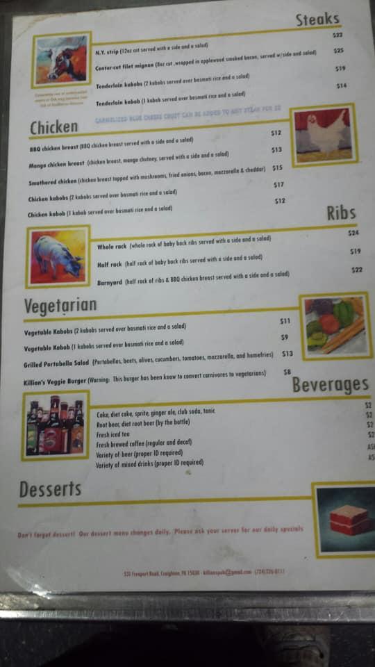 Menu at Killians Hardwood Grill pub & bar, Lower Burrell