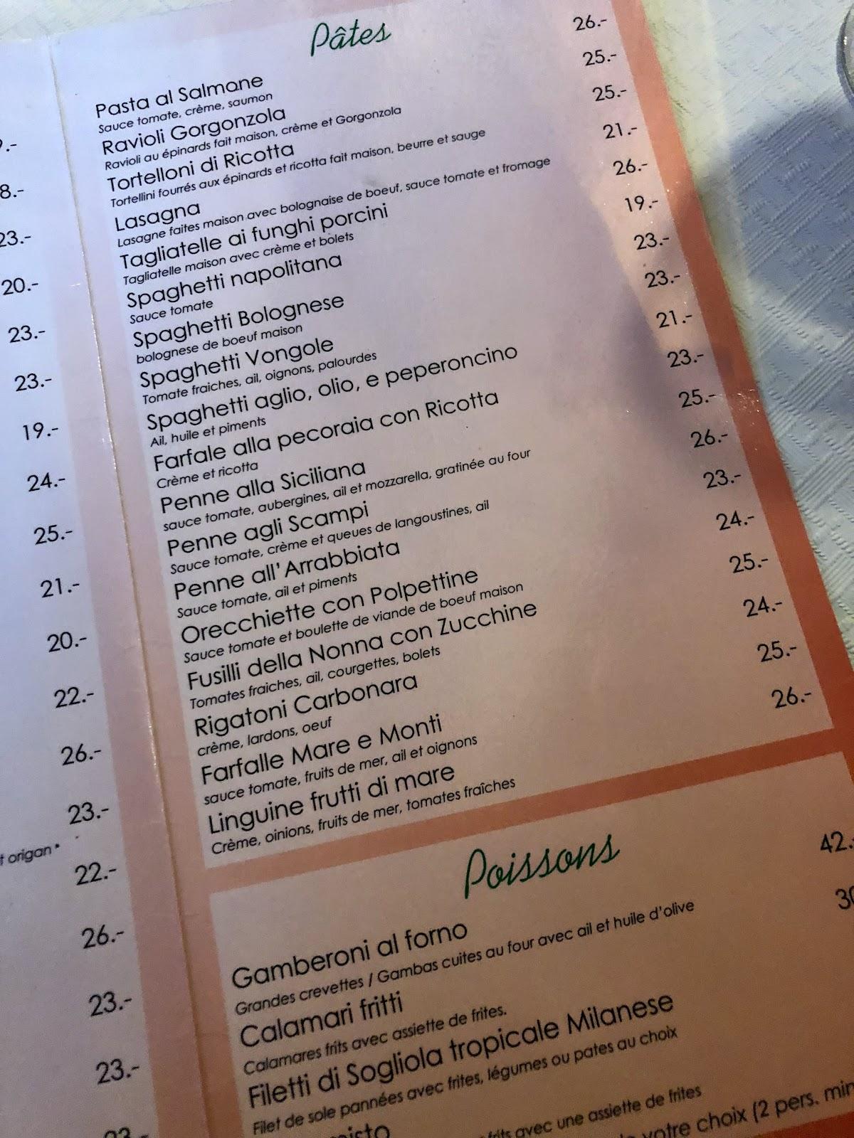 Menu da La Trattoria da Tonino, Ginevra, Rue de la Servette 1