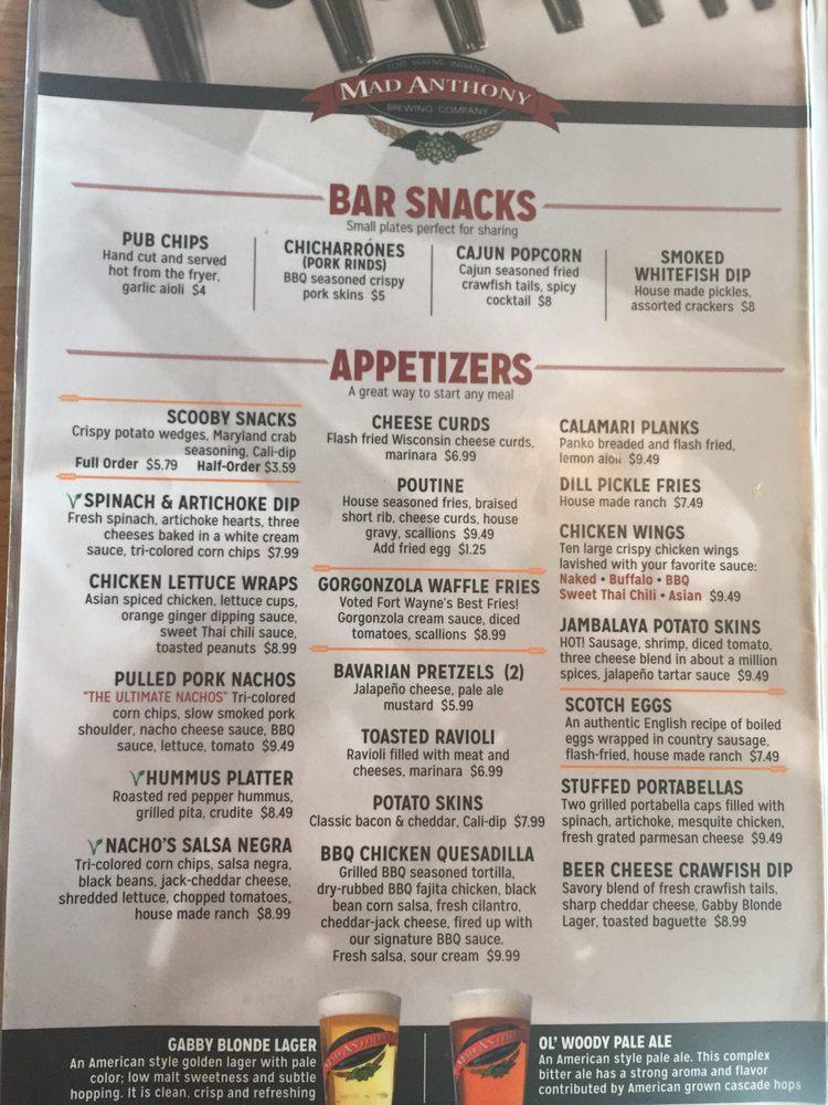Menu at Mad Anthony's Auburn Tap Room pizzeria, Auburn
