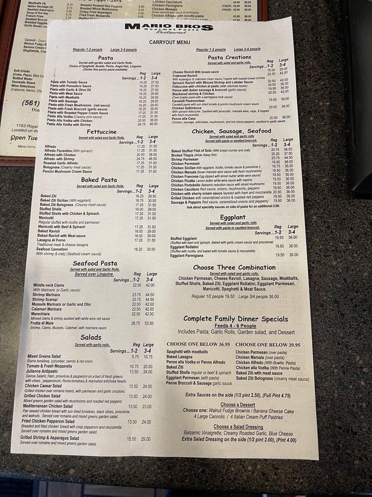Menu at Mario Bros Gourmet Pasta Restaurant, Royal Palm Beach