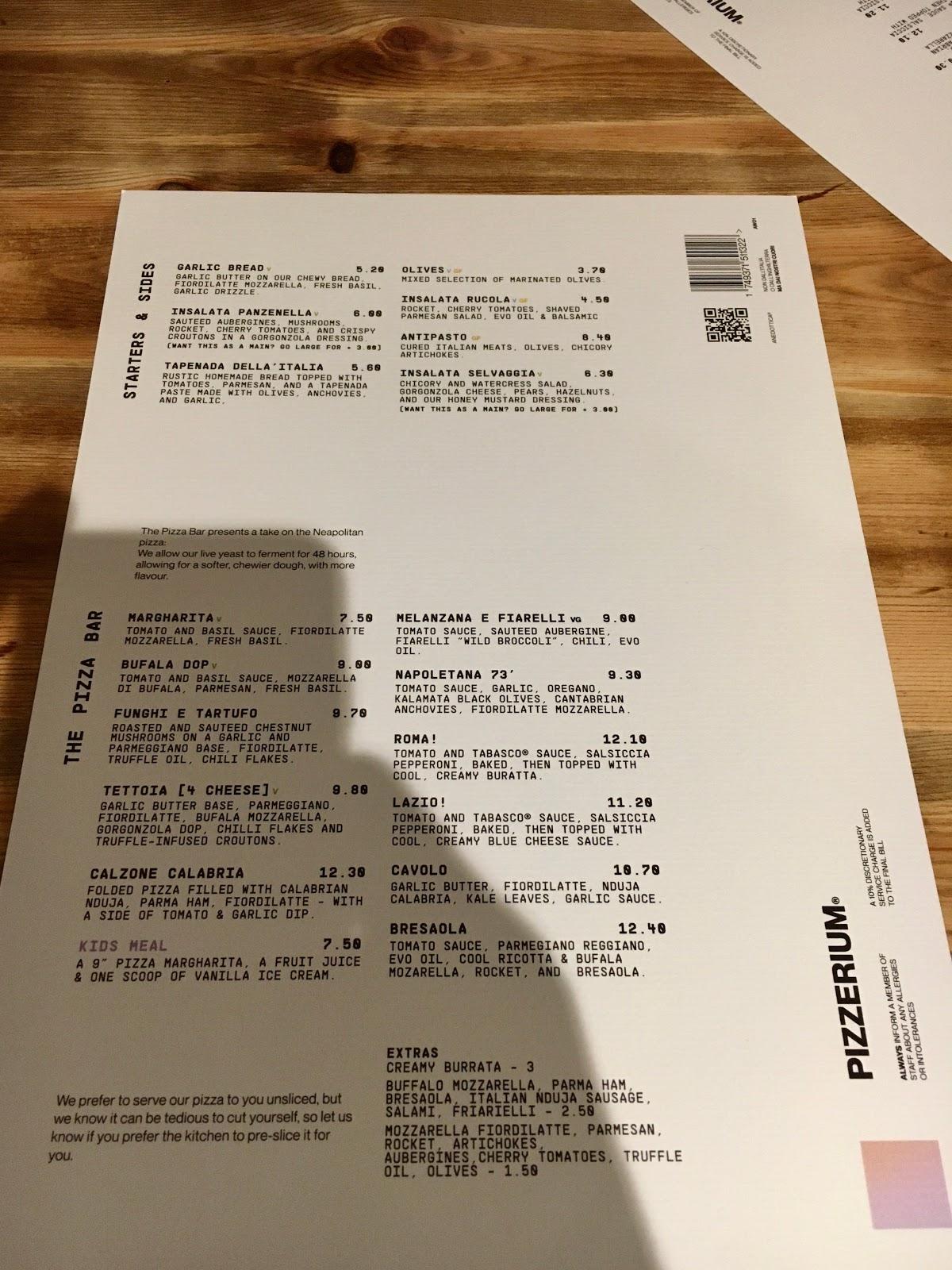 Menu at Pizzerium Epsom restaurant, Epsom
