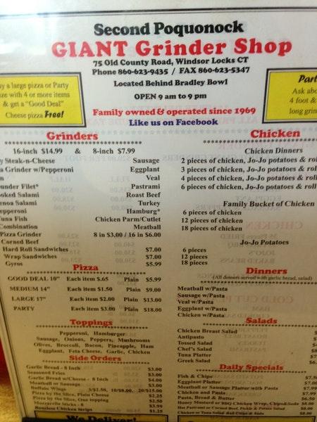 Menu at Second Poquonock Giant Grinder pizzeria, Windsor Locks