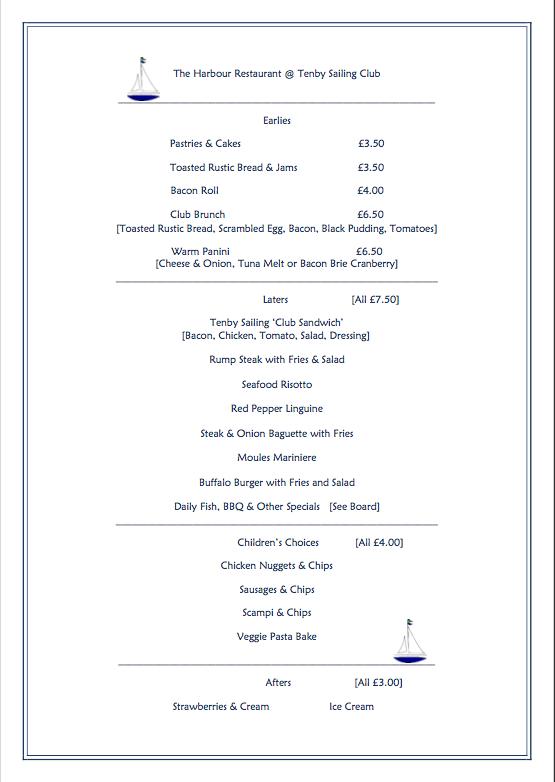 Menu at Tenby Sailing Club, Tenby