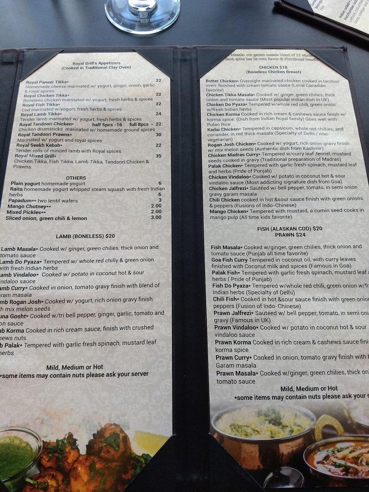 Menu at The Royal Taste of India restaurant, Whistler