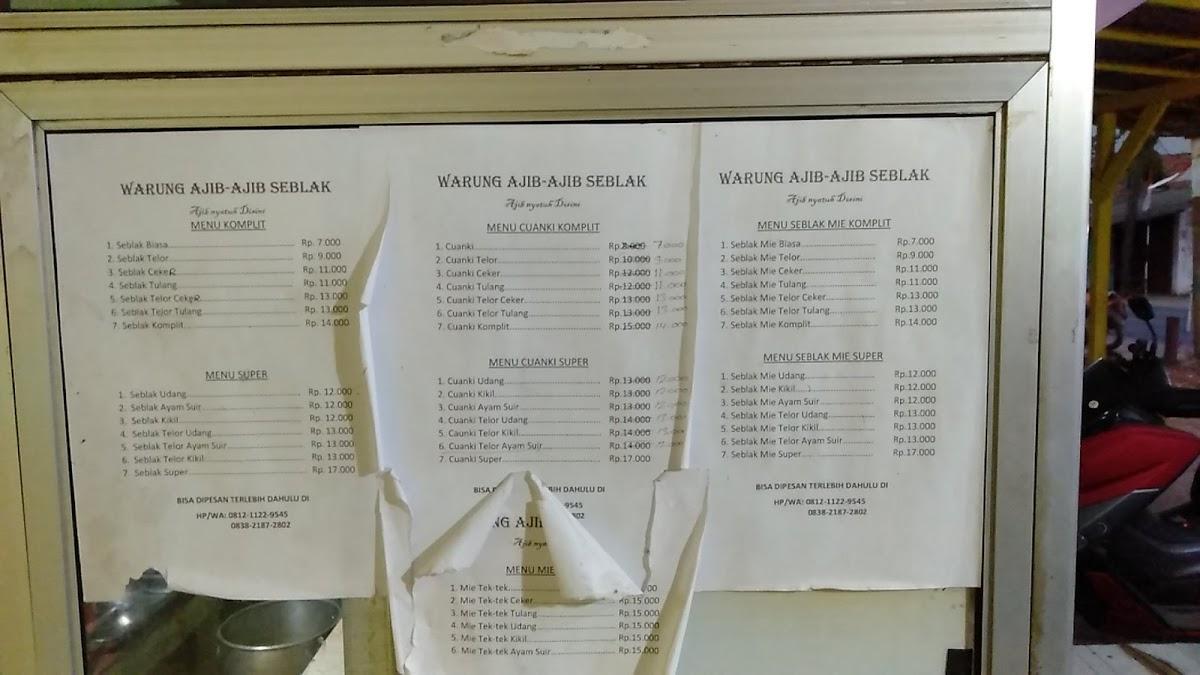 Menu at Ajib Ajib Seblak restaurant, Gunung Sindur