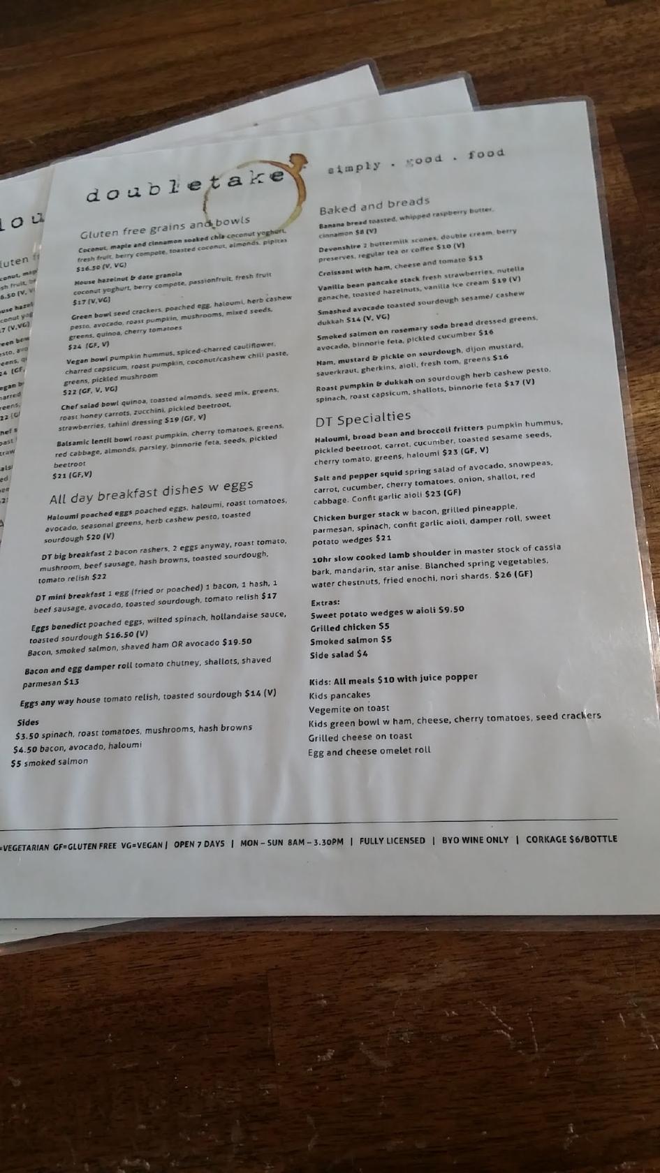 Menu at Doubletake Cafe, Toronto