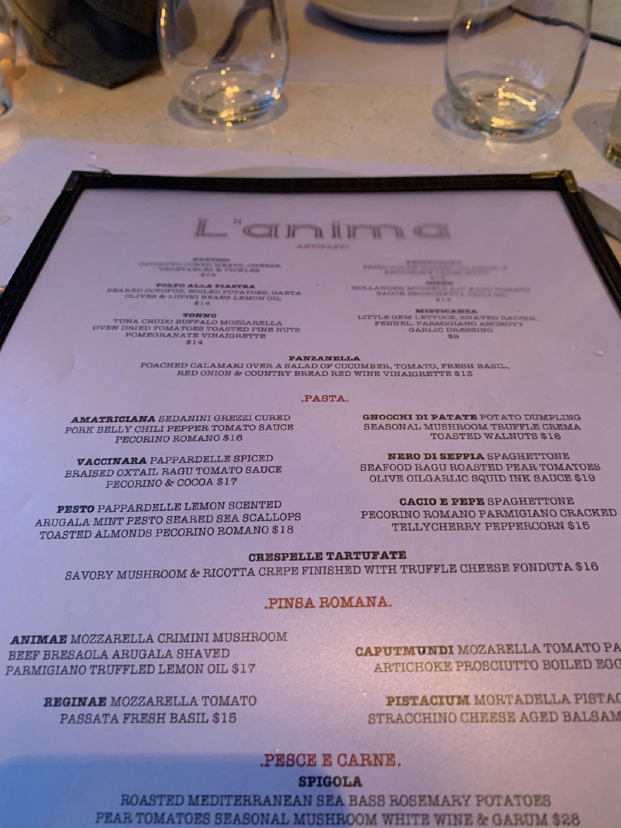 Menu at L'Anima restaurant, Philadelphia