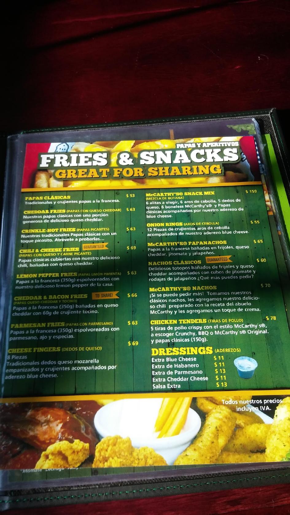 Menu at McCARTHY’S IRISH PUB (Plaza Ámbar Fashion Mall), Tuxtla Gutiérrez