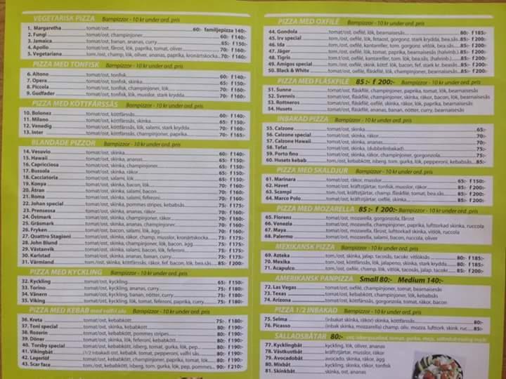 Menu at Pizzeria AMIGOS, Torsby