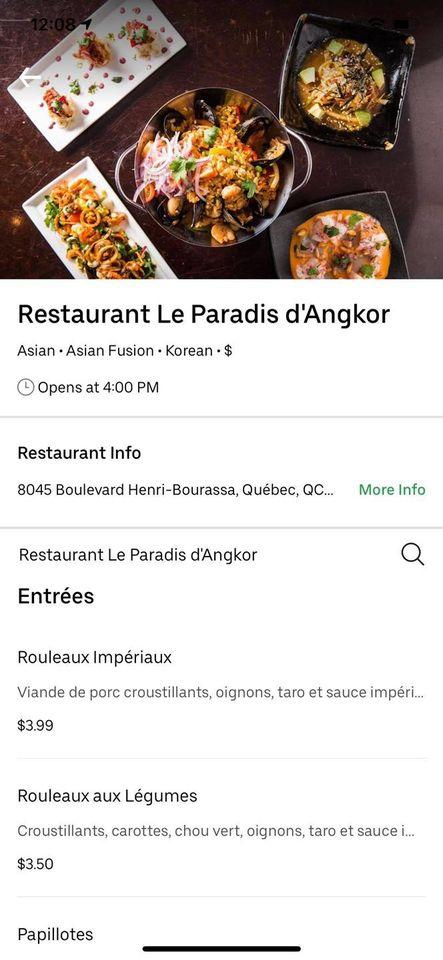 Menu at Restaurant Le Paradis d'Angkor, Québec City, Boul. Henri-Bourassa