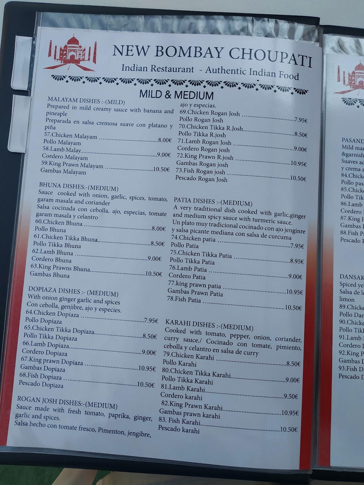 Carta de Restaurante New Bombay Choupati, España