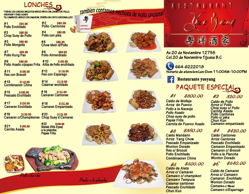 Carta de Restaurant Yue Yang, Tijuana