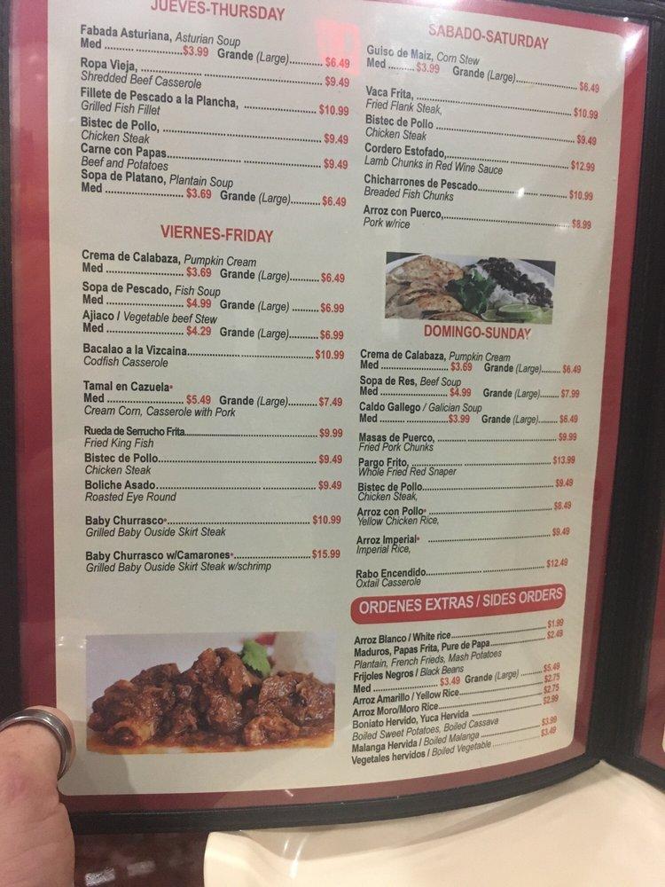 Menu at Rinconcito Cubano Criollo restaurant, Miami, 890 SW 87th Ave