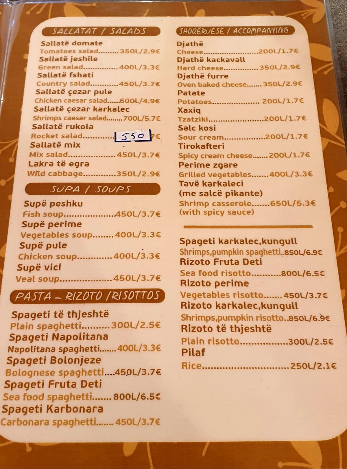 Menu at Taverna Joni restaurant, Sarandë