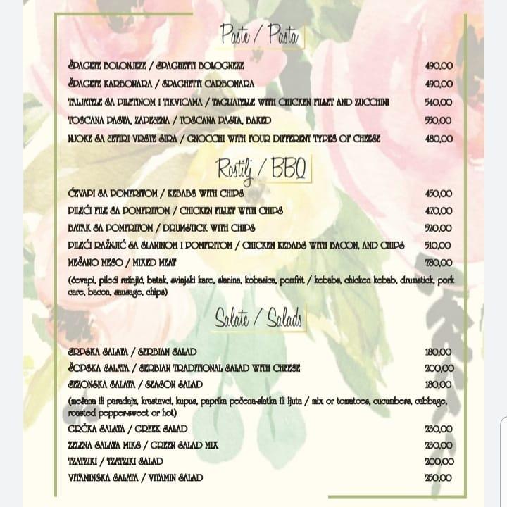 Menu at Tiffany restaurant, Vrbas, BB PALIH BORACA