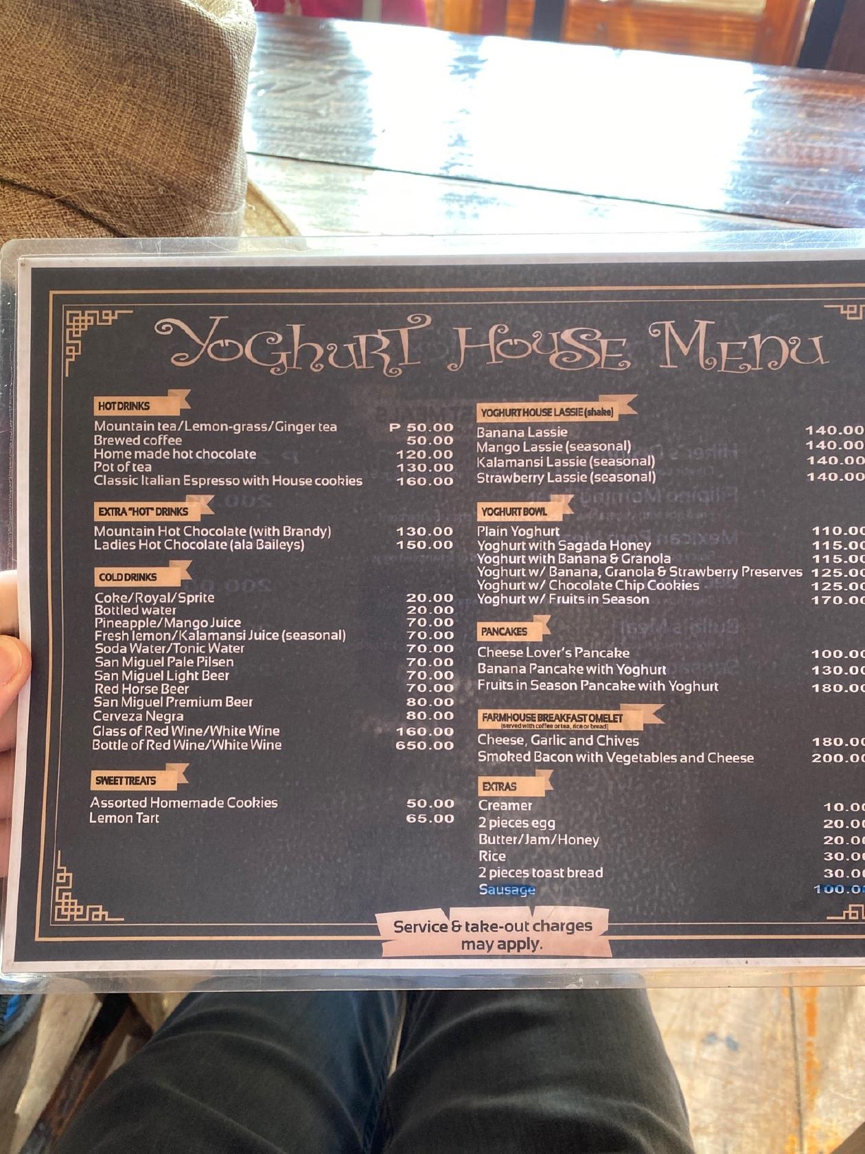 Menu at Yoghurt House restaurant, Sagada, South Rd