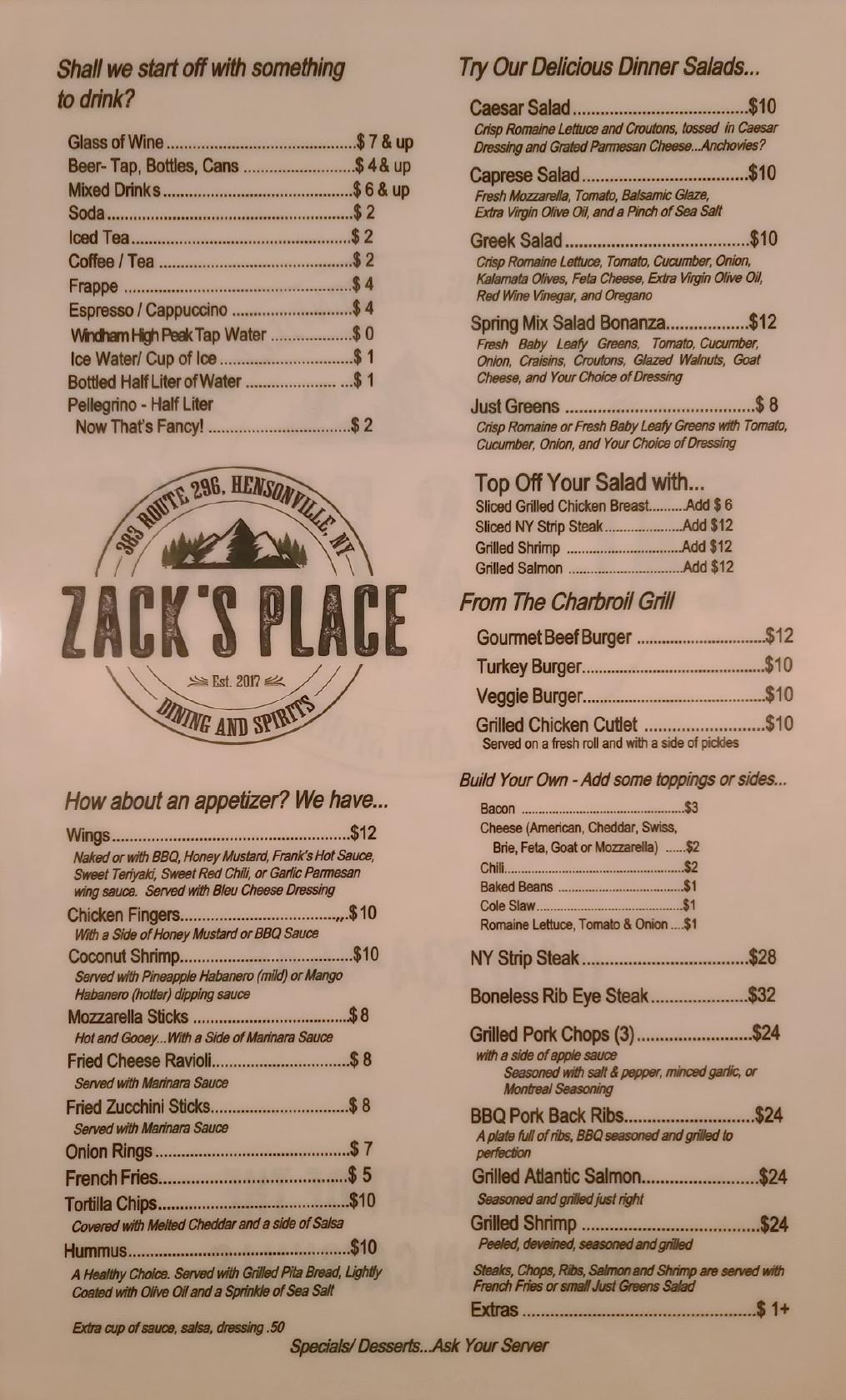Carta del pub y bar Zack's Place, Hensonville