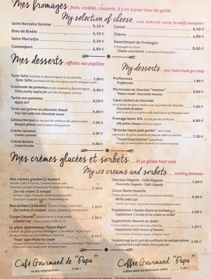 Menu at Chez Papa restaurant, Paris, 59 Rue de Clichy