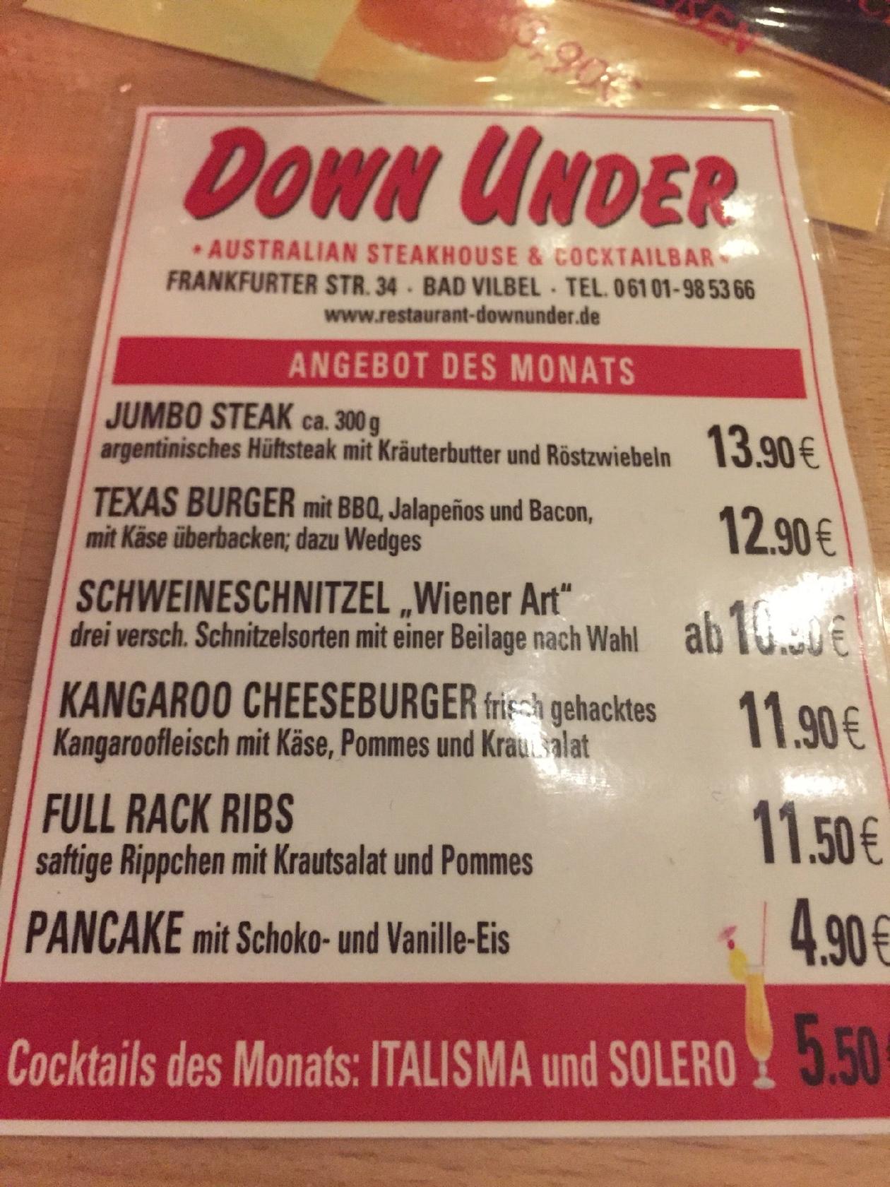 Speisekarte von Down Under - Australian Restaurant & Cocktail Bar, Bad ...