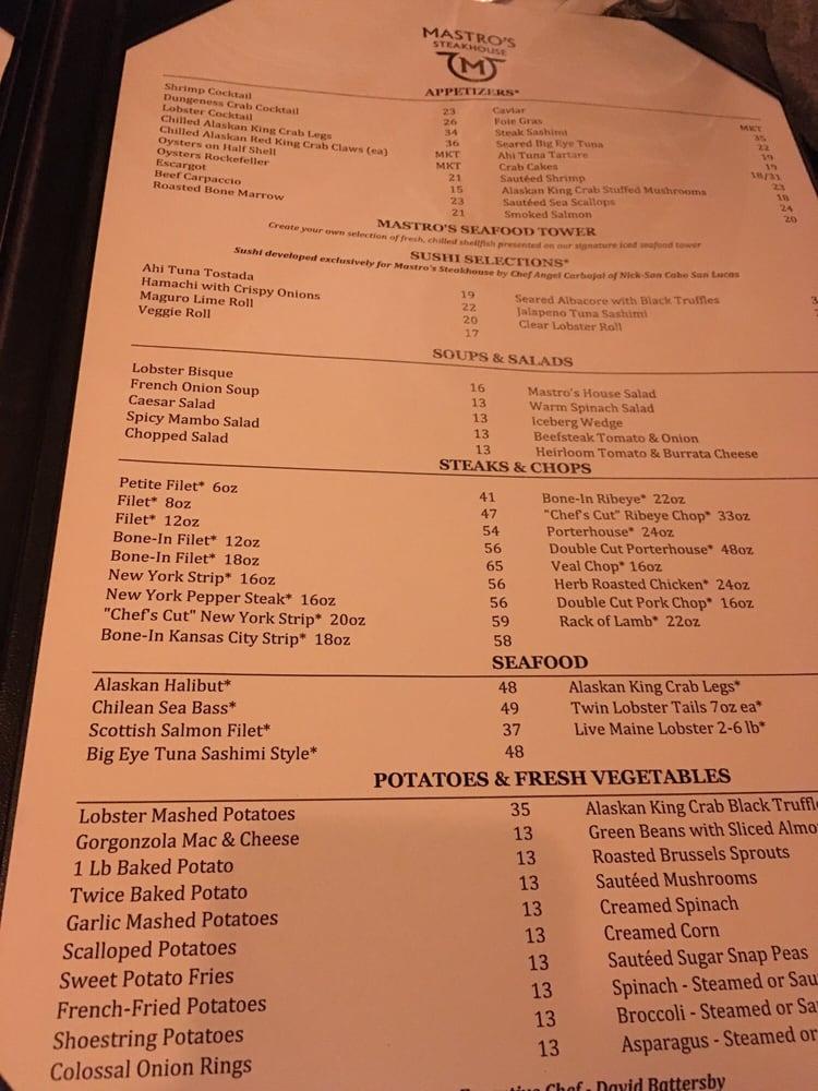 Menu at Mastro's Steakhouse, Scottsdale