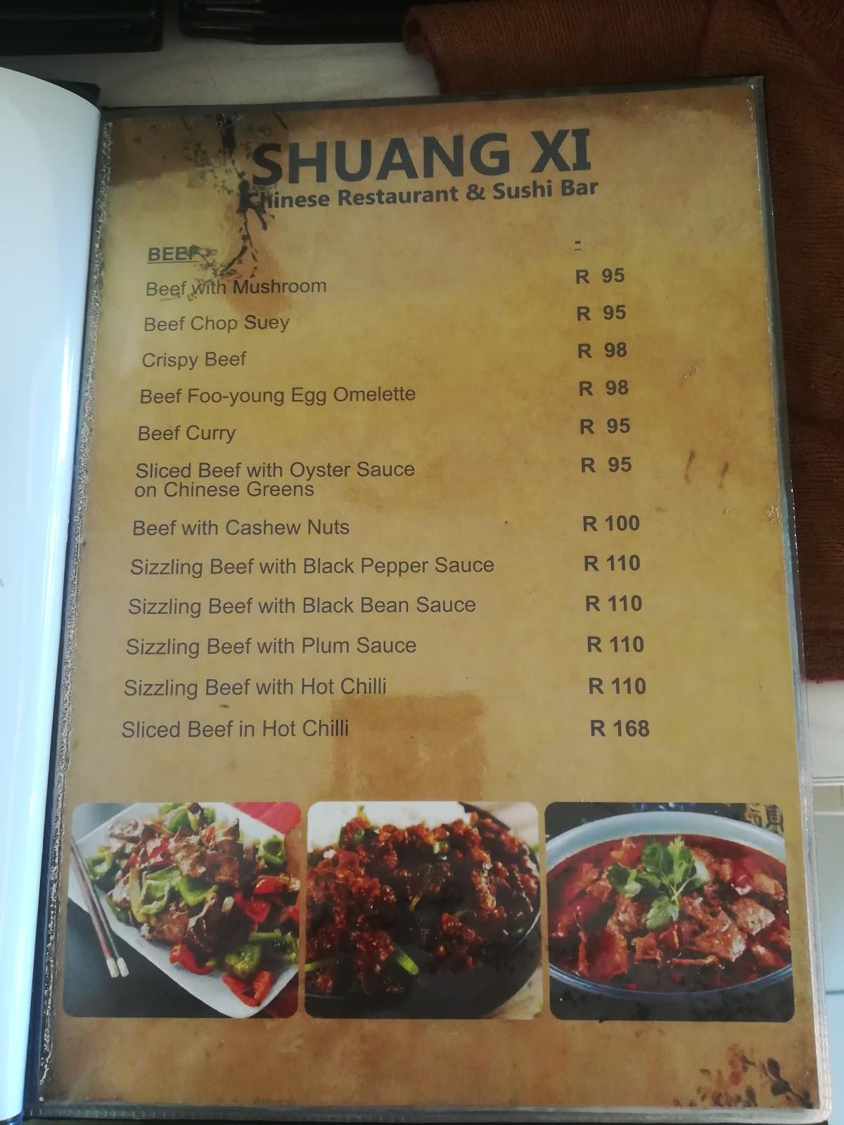 Menu at Shuang XI Chinese & Sushi restaurant, Nelspruit