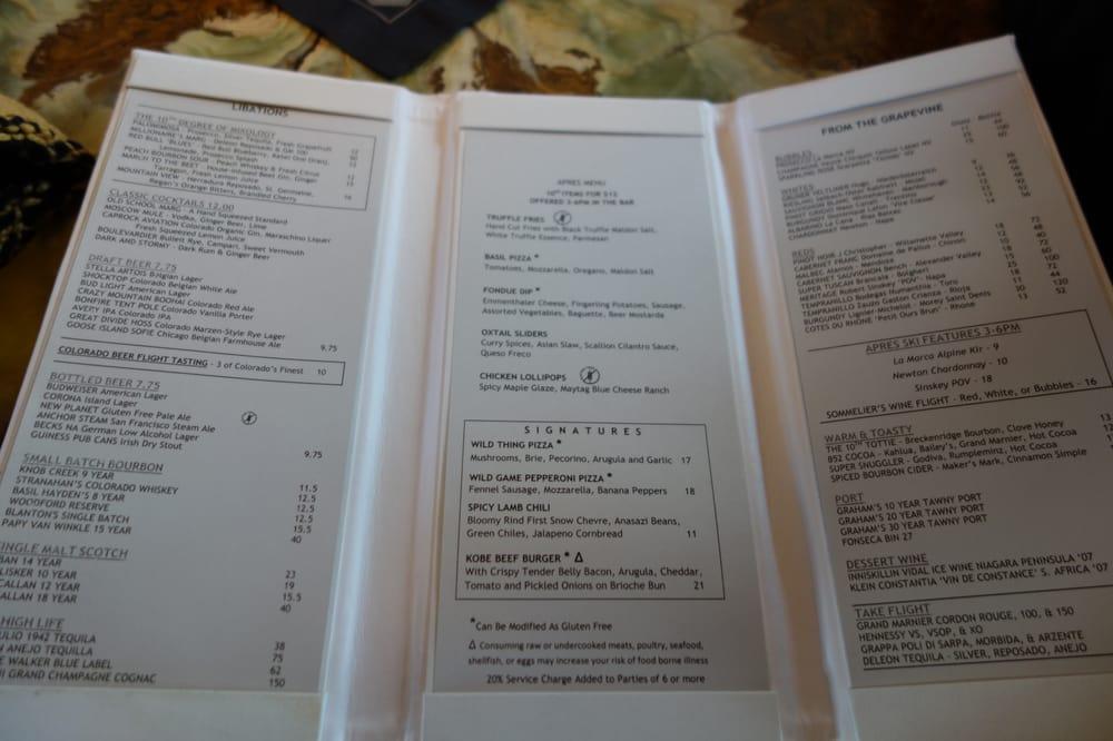 Menu at The 10th restaurant, Vail, Main Vail