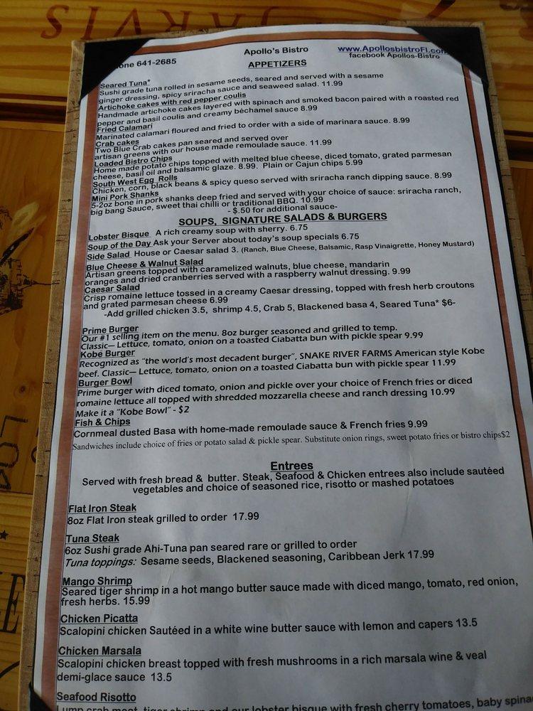 Menu at Apollo's Bistro pub & bar, Apollo Beach
